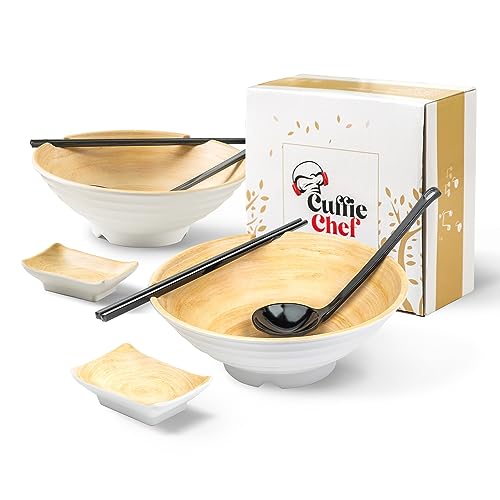 Cuffie Chef Bowl Set, 2 Ramen Bowl With Chopsticks, Soup Spoons & Saucers, Japanese-Style Ramen Noodle Bowl, Sleek Ramen Bowls, Bowl for Udon, Pho, Soups & More - 37 Ounces