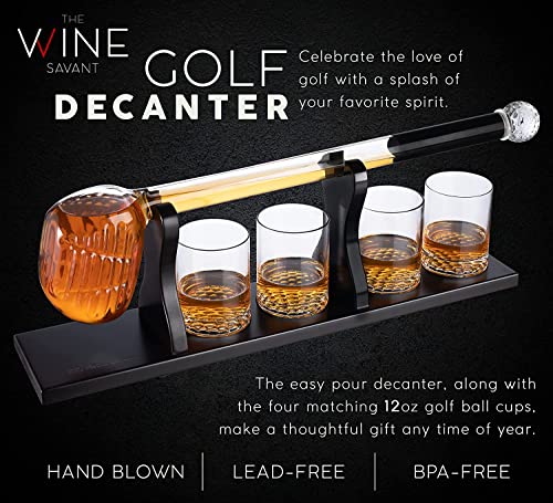 Golf Whiskey Decanter and 4 Liquor Glasses - Decanter & Glass Set - Golf Stick Gifts for Men - Unique Whiskey Decanter Set - Bourbon & Scotch Decanter for Serving Alcohol - Golfer Gifts for Dad