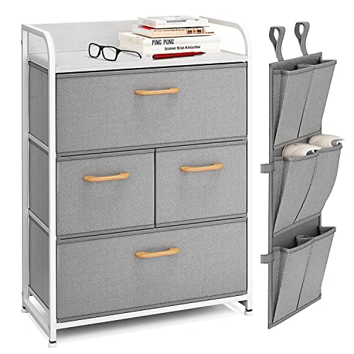 Nestl Fabric Dresser Organizer, 4 Drawer Dresser, Storage Dresser for Closet Storage - Small Dresser for Bedroom, Nursery, & Closet with Shoe Rack, Easy to Pull Wood Handles & Textured Wood Top - Gray