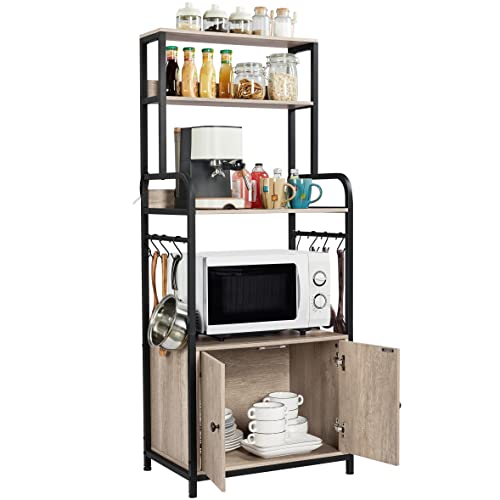 Yaheetech 4-Tier Kitchen Bakers Rack with Storage Cabinet and Hutch, Microwave Oven Stand Coffee Bar Pantry Cabinet with 8 S Hooks, Freestanding Kitchen Shelves Spice Rack, Gray