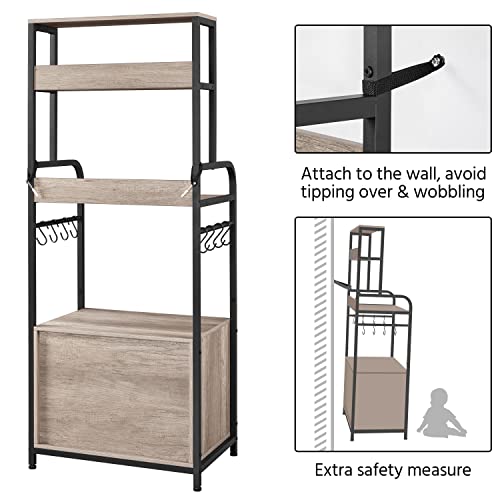 Yaheetech 4-Tier Kitchen Bakers Rack with Storage Cabinet and Hutch, Microwave Oven Stand Coffee Bar Pantry Cabinet with 8 S Hooks, Freestanding Kitchen Shelves Spice Rack, Gray