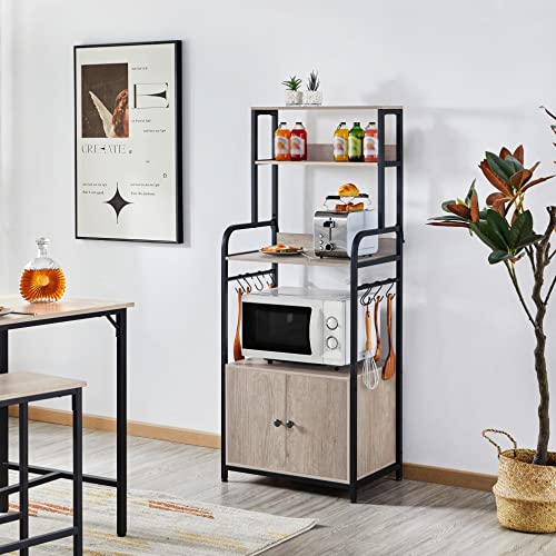 Yaheetech 4-Tier Kitchen Bakers Rack with Storage Cabinet and Hutch, Microwave Oven Stand Coffee Bar Pantry Cabinet with 8 S Hooks, Freestanding Kitchen Shelves Spice Rack, Gray