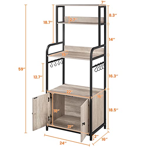 Yaheetech 4-Tier Kitchen Bakers Rack with Storage Cabinet and Hutch, Microwave Oven Stand Coffee Bar Pantry Cabinet with 8 S Hooks, Freestanding Kitchen Shelves Spice Rack, Gray