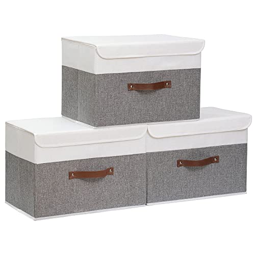 Yawinhe Collapsible Storage Boxes with Lids Fabric Foldable Storage Bins Organizer Containers Baskets with Lid for Home Bedroom Closet Office (White/Grey&Full Grey, 17.7x11.8x11.8in/6-Pack)