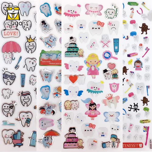 3D Stickers, YOUYA DENTAL Dental Molar Shaped Cartoon Teeth Stickers 12pcs Diffrent Cute Tooth Paper Stickers Plastic Sticker for Dentist Dental Gift Kids Scrapbook (sticker-04)