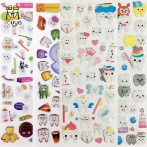 3D Stickers, YOUYA DENTAL Dental Molar Shaped Cartoon Teeth Stickers 12pcs Diffrent Cute Tooth Paper Stickers Plastic Sticker for Dentist Dental Gift Kids Scrapbook (sticker-04)