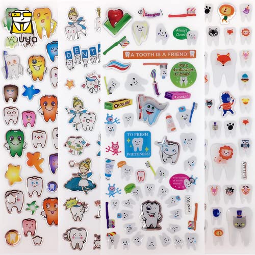 3D Stickers, YOUYA DENTAL Dental Molar Shaped Cartoon Teeth Stickers 12pcs Diffrent Cute Tooth Paper Stickers Plastic Sticker for Dentist Dental Gift Kids Scrapbook (sticker-04)