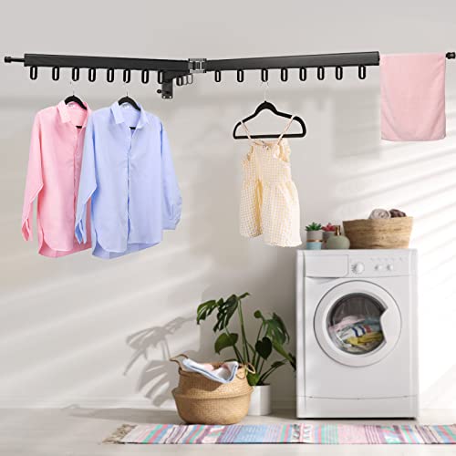 Kraper Retractable Folding Drying Rack, Large Folding Retractable Clothes Rack 63.8" + 25'', Space Saver and Easy to Install with Hanger Organizer Rod and Towel Bar for Balcony, poolarea (T, Black)