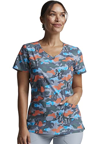 Dickies EDS Women Scrubs Top V-Neck DK700, M, Camo Flight