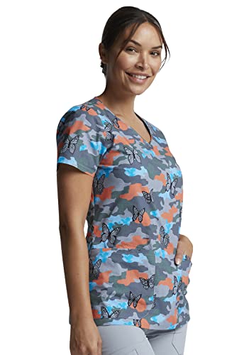 Dickies EDS Women Scrubs Top V-Neck DK700, M, Camo Flight