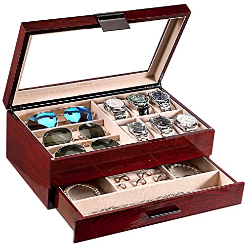 LANDICI Jewelry Box Watch Boxes Organizer for Men Women Gift,Wooden Jewellery Box with Glass Top Display,2 Layer Large 6 Slot Sunglasses Case Holder for Ring Earrings Necklace Bracelet,Walnut Wood