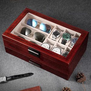 LANDICI Jewelry Box Watch Boxes Organizer for Men Women Gift,Wooden Jewellery Box with Glass Top Display,2 Layer Large 6 Slot Sunglasses Case Holder for Ring Earrings Necklace Bracelet,Walnut Wood