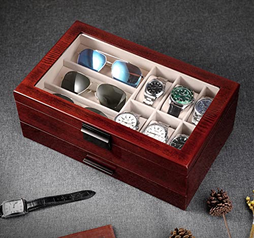 LANDICI Jewelry Box Watch Boxes Organizer for Men Women Gift,Wooden Jewellery Box with Glass Top Display,2 Layer Large 6 Slot Sunglasses Case Holder for Ring Earrings Necklace Bracelet,Walnut Wood