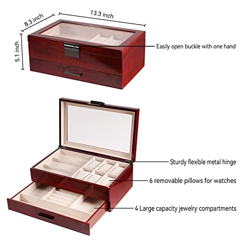 LANDICI Jewelry Box Watch Boxes Organizer for Men Women Gift,Wooden Jewellery Box with Glass Top Display,2 Layer Large 6 Slot Sunglasses Case Holder for Ring Earrings Necklace Bracelet,Walnut Wood