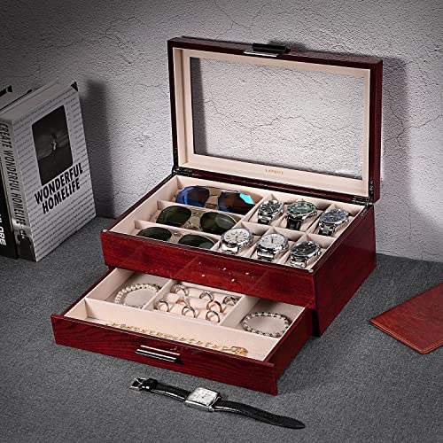 LANDICI Jewelry Box Watch Boxes Organizer for Men Women Gift,Wooden Jewellery Box with Glass Top Display,2 Layer Large 6 Slot Sunglasses Case Holder for Ring Earrings Necklace Bracelet,Walnut Wood