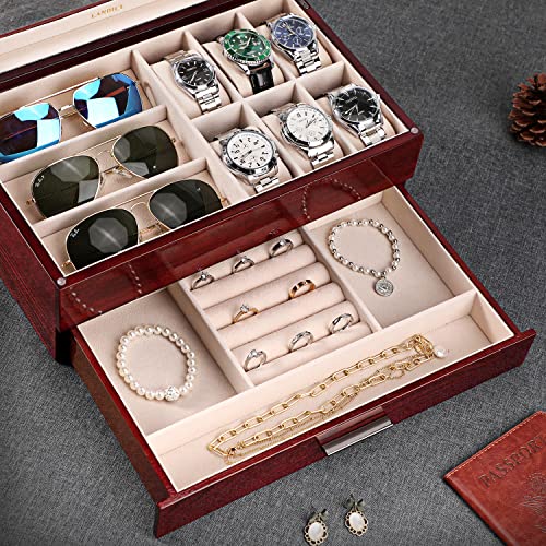 LANDICI Jewelry Box Watch Boxes Organizer for Men Women Gift,Wooden Jewellery Box with Glass Top Display,2 Layer Large 6 Slot Sunglasses Case Holder for Ring Earrings Necklace Bracelet,Walnut Wood