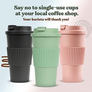 FEBU Plant-Based Reusable Coffee Cup with Lid and Sleeve | 16oz, Moon Black | Portable Travel Mug made from Bamboo | Dishwasher Safe, Compostable, Plastic Free with Leak-Proof Screw-on Lid