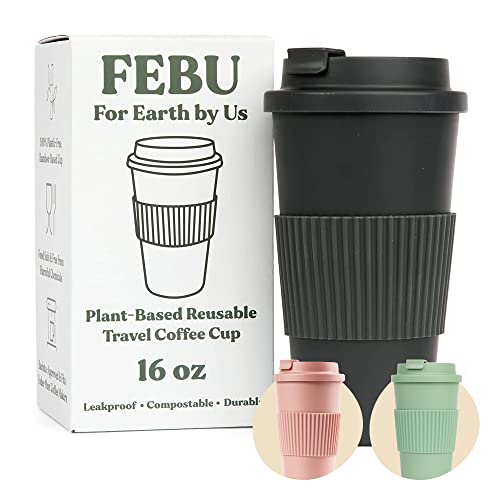 FEBU Plant-Based Reusable Coffee Cup with Lid and Sleeve | 16oz, Moon Black | Portable Travel Mug made from Bamboo | Dishwasher Safe, Compostable, Plastic Free with Leak-Proof Screw-on Lid