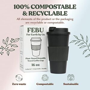 FEBU Plant-Based Reusable Coffee Cup with Lid and Sleeve | 16oz, Moon Black | Portable Travel Mug made from Bamboo | Dishwasher Safe, Compostable, Plastic Free with Leak-Proof Screw-on Lid