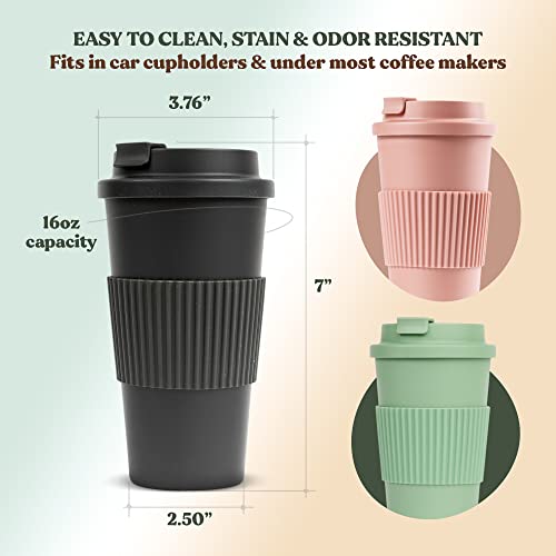 FEBU Plant-Based Reusable Coffee Cup with Lid and Sleeve | 16oz, Moon Black | Portable Travel Mug made from Bamboo | Dishwasher Safe, Compostable, Plastic Free with Leak-Proof Screw-on Lid