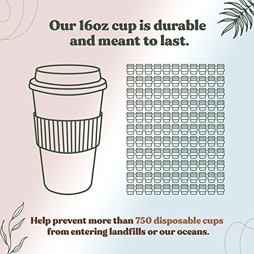 FEBU Plant-Based Reusable Coffee Cup with Lid and Sleeve | 16oz, Moon Black | Portable Travel Mug made from Bamboo | Dishwasher Safe, Compostable, Plastic Free with Leak-Proof Screw-on Lid