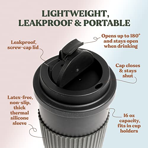 FEBU Plant-Based Reusable Coffee Cup with Lid and Sleeve | 16oz, Moon Black | Portable Travel Mug made from Bamboo | Dishwasher Safe, Compostable, Plastic Free with Leak-Proof Screw-on Lid