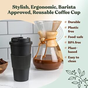 FEBU Plant-Based Reusable Coffee Cup with Lid and Sleeve | 16oz, Moon Black | Portable Travel Mug made from Bamboo | Dishwasher Safe, Compostable, Plastic Free with Leak-Proof Screw-on Lid