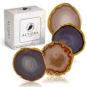 natural agate coaster set - geode coaster set - 100% natural agate crystal coasters - elegant gold rimmed agate coasters - set of 4 - natural agate colors - no dyes or artificial colors