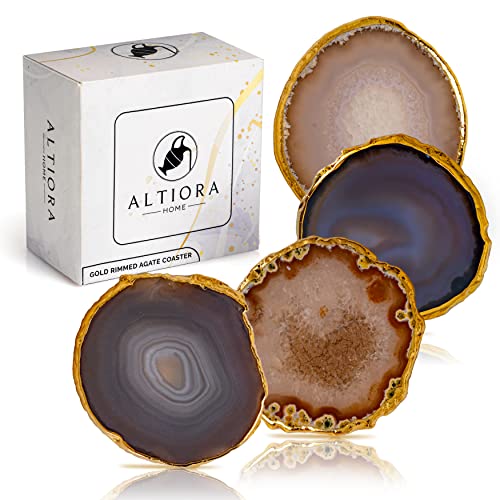 Natural Agate Coaster Set - Geode Coaster Set - 100% Natural Agate Crystal Coasters - Elegant Gold Rimmed Agate Coasters - Set of 4 - Natural Agate Colors - No Dyes Or Artificial Colors