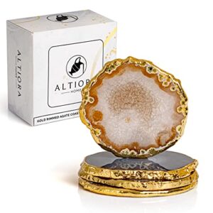 Natural Agate Coaster Set - Geode Coaster Set - 100% Natural Agate Crystal Coasters - Elegant Gold Rimmed Agate Coasters - Set of 4 - Natural Agate Colors - No Dyes Or Artificial Colors