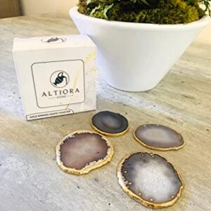 Natural Agate Coaster Set - Geode Coaster Set - 100% Natural Agate Crystal Coasters - Elegant Gold Rimmed Agate Coasters - Set of 4 - Natural Agate Colors - No Dyes Or Artificial Colors