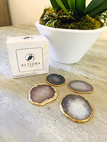 Natural Agate Coaster Set - Geode Coaster Set - 100% Natural Agate Crystal Coasters - Elegant Gold Rimmed Agate Coasters - Set of 4 - Natural Agate Colors - No Dyes Or Artificial Colors