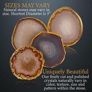 Natural Agate Coaster Set - Geode Coaster Set - 100% Natural Agate Crystal Coasters - Elegant Gold Rimmed Agate Coasters - Set of 4 - Natural Agate Colors - No Dyes Or Artificial Colors