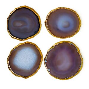 Natural Agate Coaster Set - Geode Coaster Set - 100% Natural Agate Crystal Coasters - Elegant Gold Rimmed Agate Coasters - Set of 4 - Natural Agate Colors - No Dyes Or Artificial Colors