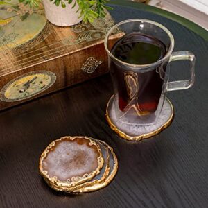 Natural Agate Coaster Set - Geode Coaster Set - 100% Natural Agate Crystal Coasters - Elegant Gold Rimmed Agate Coasters - Set of 4 - Natural Agate Colors - No Dyes Or Artificial Colors