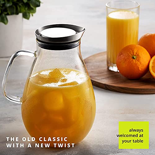 MITBAK 84- OZ Glass Pitcher With Stainless Steel Lid | Beautiful Lightweight Beverage Jug Carafe With A Wide Handle | Great For Cold & Hot Drinks Like Tea, Lemonade, Juice, Water, Coffee, Cold Brew