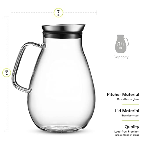 MITBAK 84- OZ Glass Pitcher With Stainless Steel Lid | Beautiful Lightweight Beverage Jug Carafe With A Wide Handle | Great For Cold & Hot Drinks Like Tea, Lemonade, Juice, Water, Coffee, Cold Brew