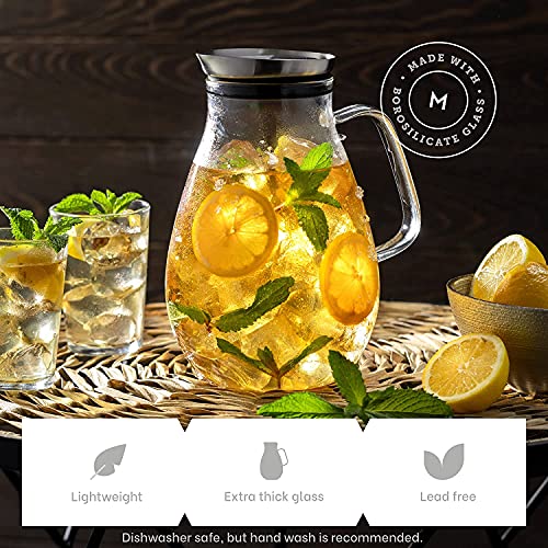 MITBAK 84- OZ Glass Pitcher With Stainless Steel Lid | Beautiful Lightweight Beverage Jug Carafe With A Wide Handle | Great For Cold & Hot Drinks Like Tea, Lemonade, Juice, Water, Coffee, Cold Brew