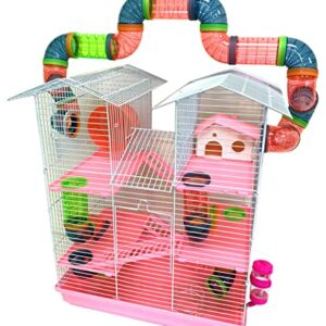 Large Twin Tower Habitat Hamster Home Rodent Gerbil Mouse Mice Rat Wire Animal Cage Long Crossover Tube (18.5" L x 14.5" W x 23" H Inch, Pink)