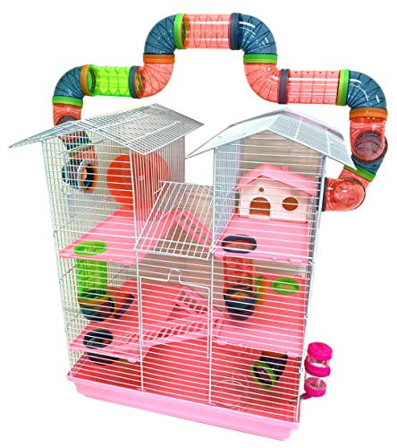 Large Twin Tower Habitat Hamster Home Rodent Gerbil Mouse Mice Rat Wire Animal Cage Long Crossover Tube (18.5" L x 14.5" W x 23" H Inch, Pink)