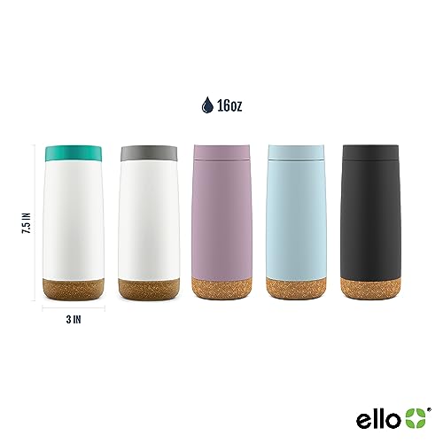 Ello Cole 16oz Vacuum Insulated Travel Coffee Mug with Leak-Proof Slider Lid and Built-in Coaster, Keeps Hot for 5 Hours, Perfect for Coffee or Tea, BPA-Free Tumbler, Black