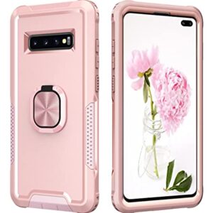 Petocase for Samsung Galaxy S10 Plus Case Heavy Duty Full Body Shockproof Kickstand with 360° Ring Holder Support Car Mount Hybrid Bumper Silicone Hard Back Cover for Samsung S10 Plus Rose Gold