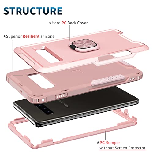 Petocase for Samsung Galaxy S10 Plus Case Heavy Duty Full Body Shockproof Kickstand with 360° Ring Holder Support Car Mount Hybrid Bumper Silicone Hard Back Cover for Samsung S10 Plus Rose Gold