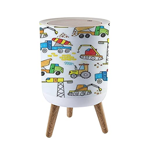 Press Cover Round Trash Bin with Legs Cool Construction Excavator Crane Bulldozer Truck Boys Hand Drawn Push Top Trash Can with Lid Dog Proof Garbage Can Wastebasket for Living Room 7L/1.8 Gallon