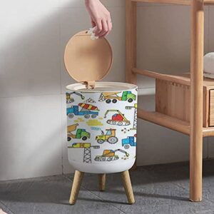 Press Cover Round Trash Bin with Legs Cool Construction Excavator Crane Bulldozer Truck Boys Hand Drawn Push Top Trash Can with Lid Dog Proof Garbage Can Wastebasket for Living Room 7L/1.8 Gallon