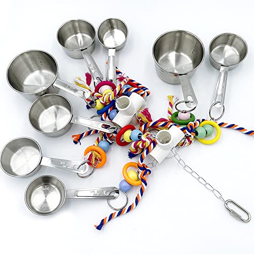 GILYGI New Upgraded Pots and Multicolored Ring Toys, Pullable 8 Stainless Steel Cups and 8 Wooden Ring Toys for Large and Extra Large Parrot Amazons Macaws African Greys Cockatoos