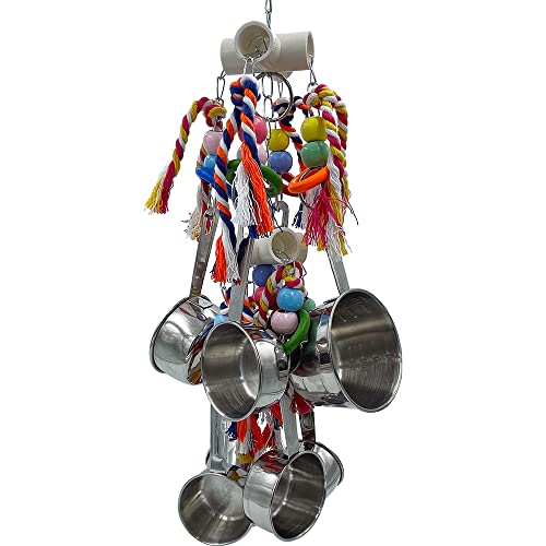 GILYGI New Upgraded Pots and Multicolored Ring Toys, Pullable 8 Stainless Steel Cups and 8 Wooden Ring Toys for Large and Extra Large Parrot Amazons Macaws African Greys Cockatoos