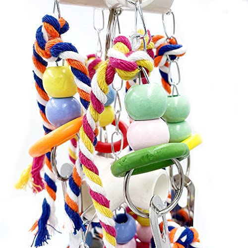 GILYGI New Upgraded Pots and Multicolored Ring Toys, Pullable 8 Stainless Steel Cups and 8 Wooden Ring Toys for Large and Extra Large Parrot Amazons Macaws African Greys Cockatoos