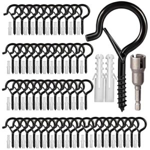 hooks for outdoor string lights, 52 pack screw hooks for hanging plants led party lights garage wind chimes, black heavy duty q hanger ceiling cup hooks with safety buckle, box and wing nut driver