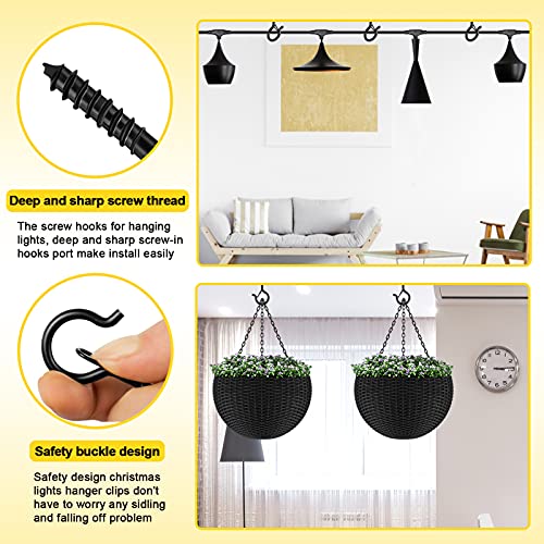 Hooks for Outdoor String Lights, 52 Pack Screw Hooks for Hanging Plants Led Party Lights Garage Wind Chimes, Black Heavy Duty Q Hanger Ceiling Cup Hooks with Safety Buckle, Box and Wing Nut Driver